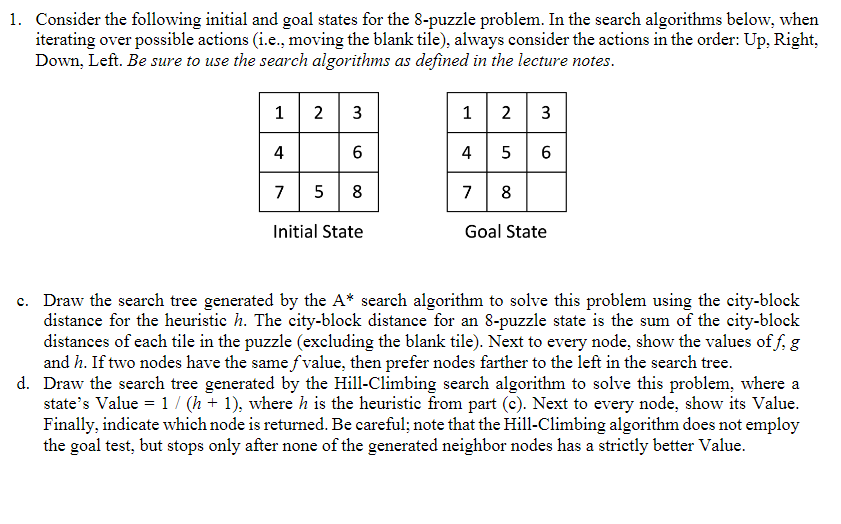 Solved 1. Consider the following initial and goal states for | Chegg.com