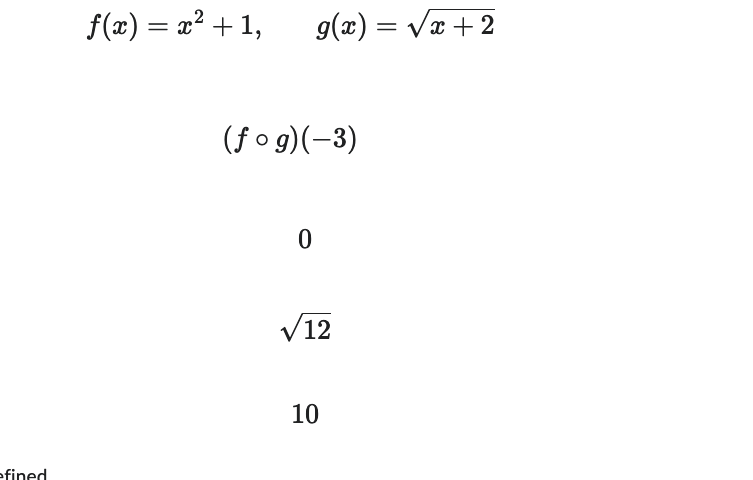 Solved f(x)=x2+1,g(x)=x+2 (f∘g)(−3) | Chegg.com