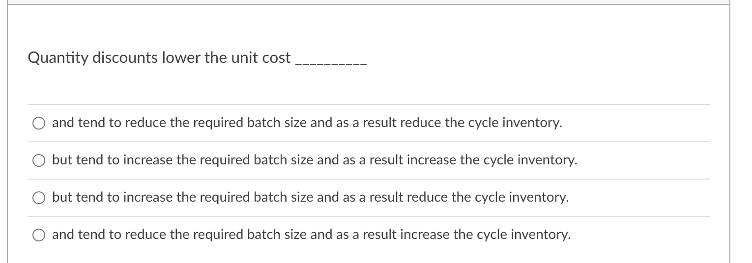 Solved Quantity discounts lower the unit cost and tend to | Chegg.com