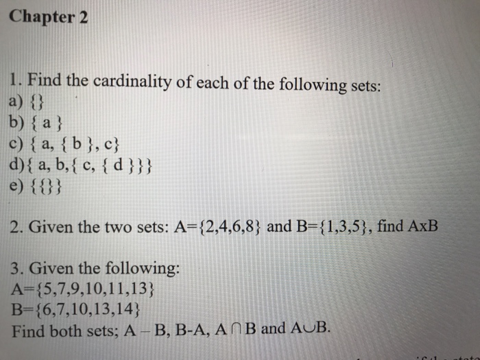 Solved Find the cardinality of each of the following sets: | Chegg.com