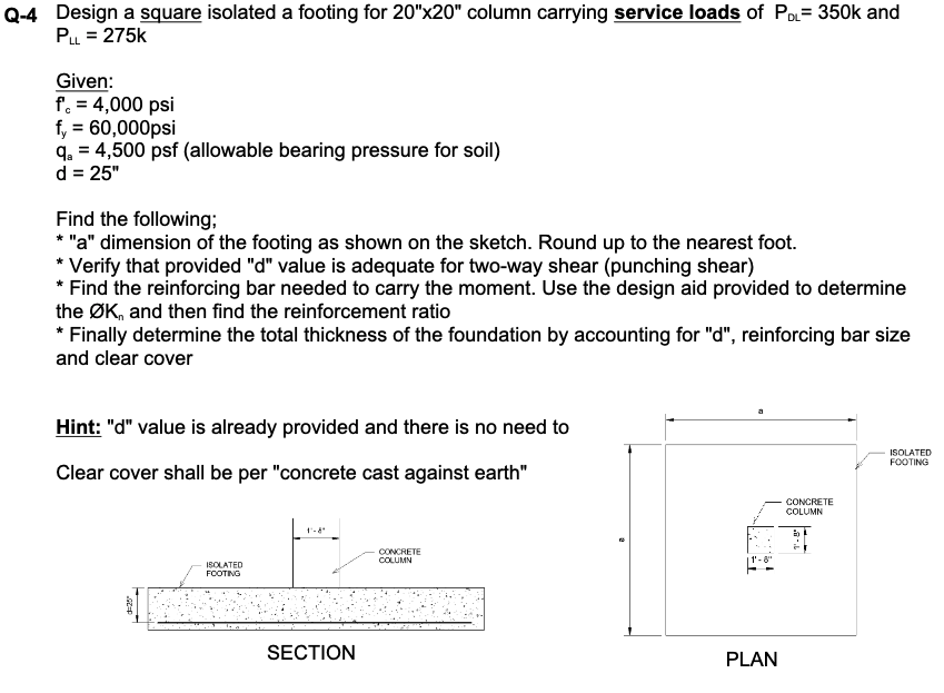 Solved Q-4 Design a square isolated a footing for 20"x20" | Chegg.com
