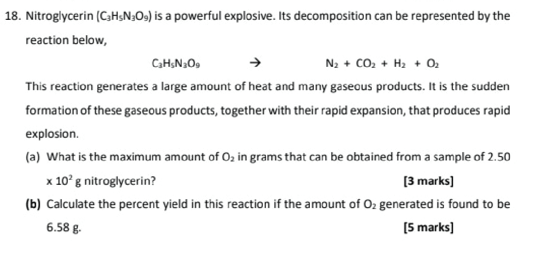 Solved 8. Nitroglycerin (C3H5 N3O9) is a powerful explosive. | Chegg.com