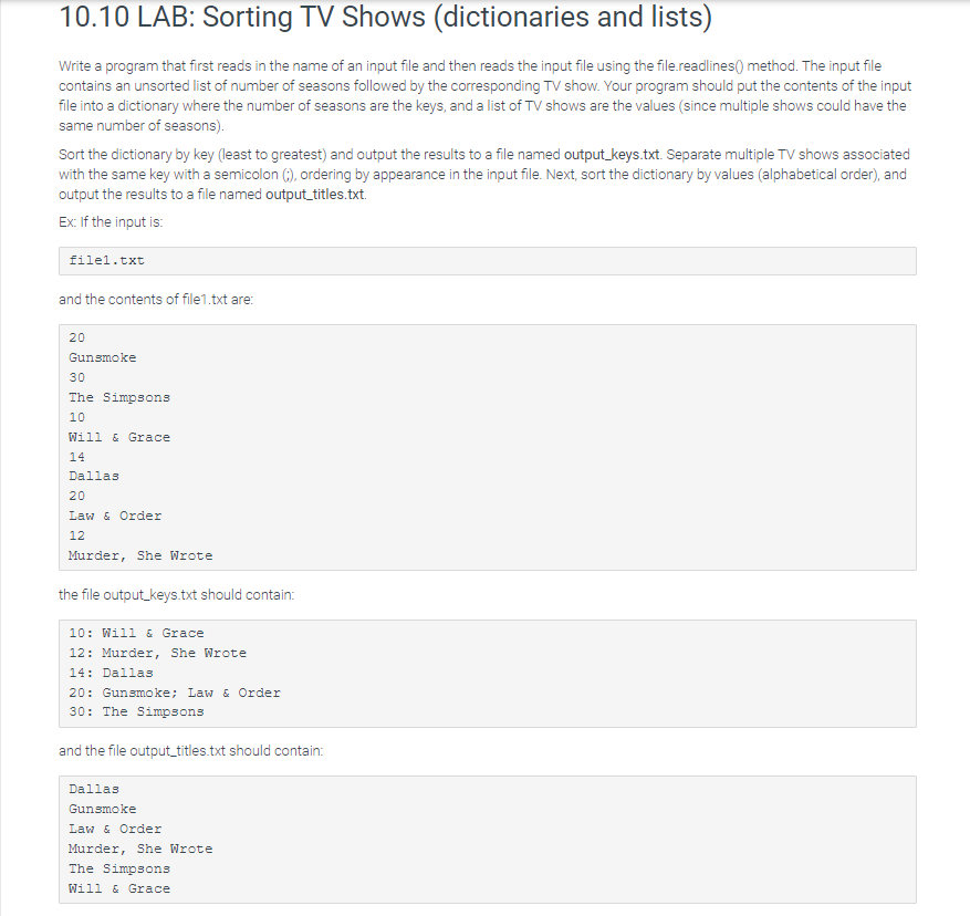 Solved 10.10 LAB: Sorting TV Shows (dictionaries and lists) | Chegg.com