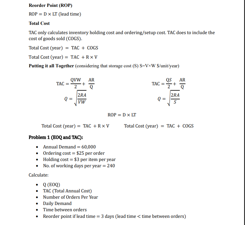 Solved Reorder Point (ROP)ROP =D× ﻿LT (lead time)Total | Chegg.com