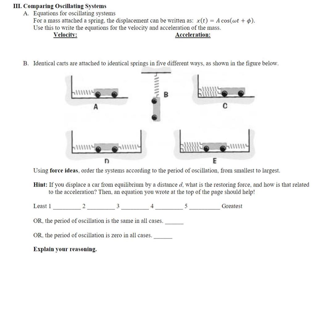 Solved II. Comparing Oscillating Systems A. Equations for | Chegg.com