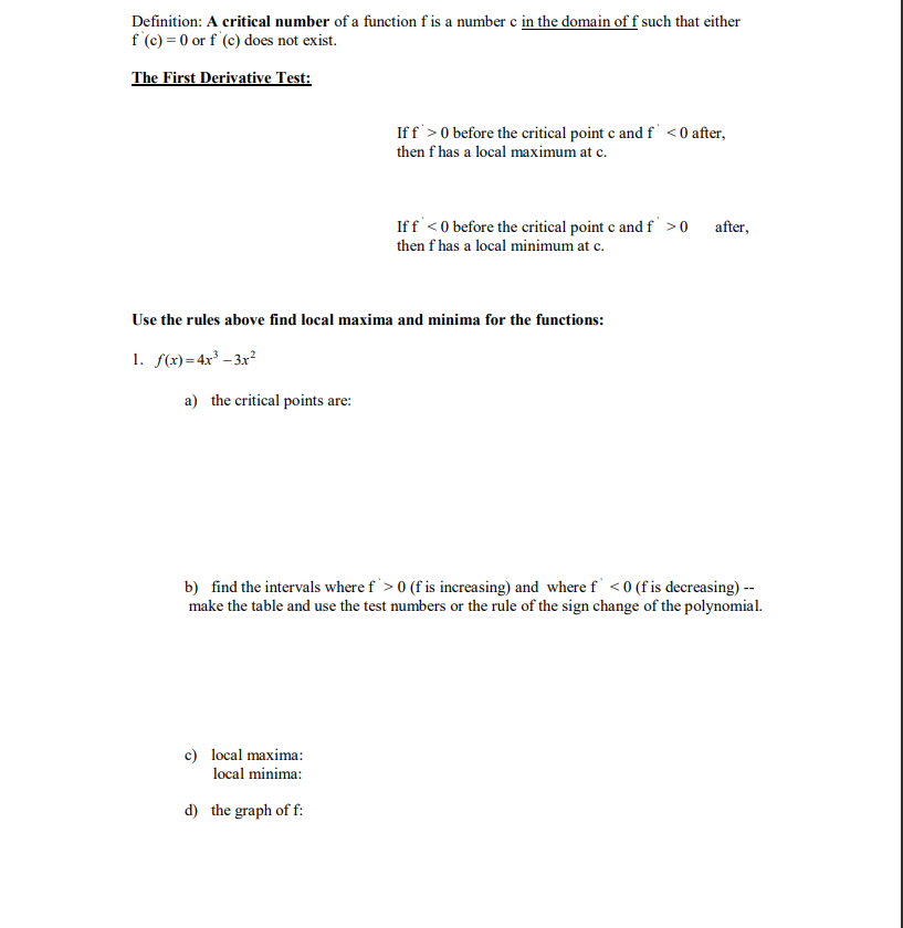Solved Definition: A critical number of a function f is a | Chegg.com