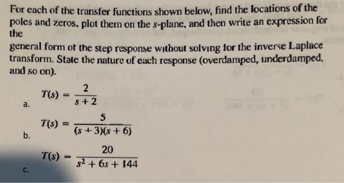 Solved For each of the transfer functions shown below, find | Chegg.com