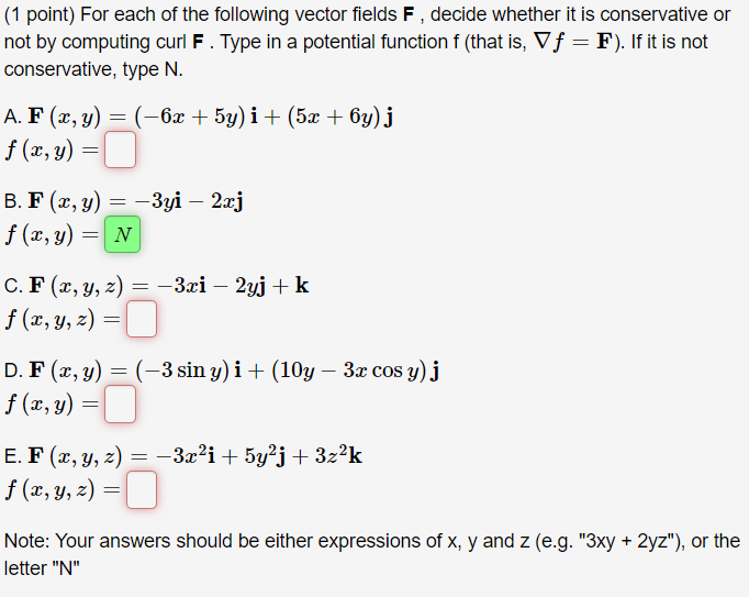 Solved (1 ﻿point) ﻿For each of the following vector fields | Chegg.com