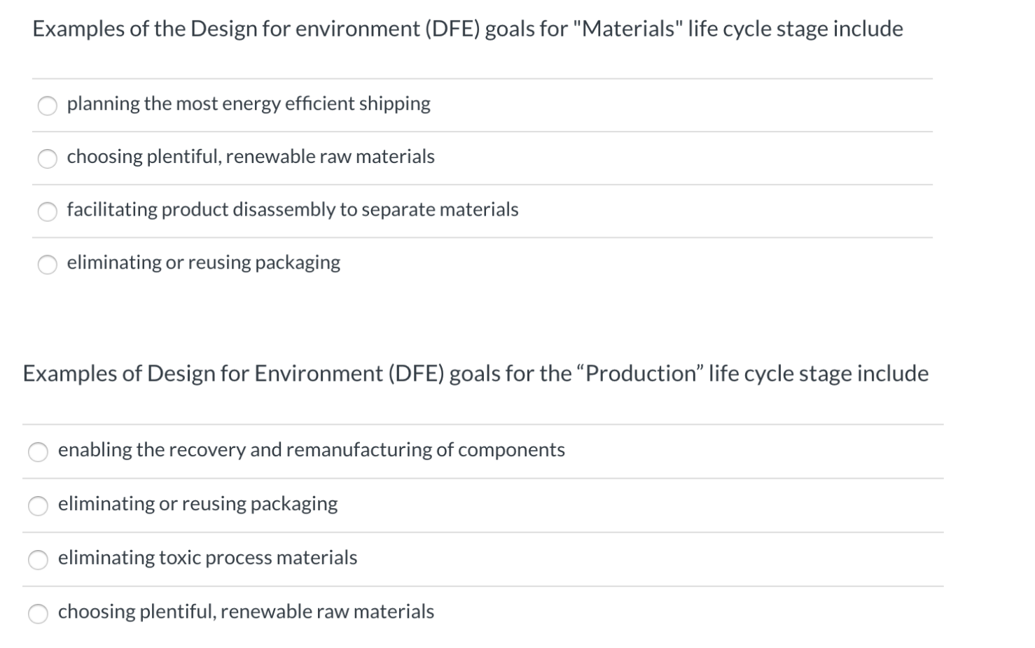 Solved Examples of the Design for environment (DFE) goals | Chegg.com