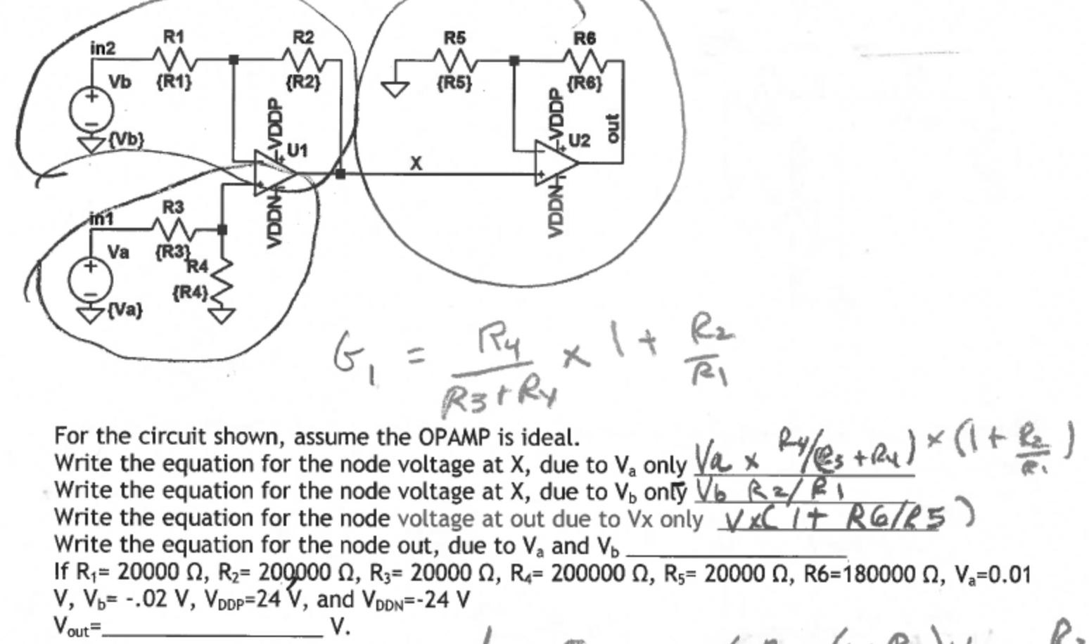 Solved R5 R6 R1 in2 M Vb {R1} R2 M (R2) (R5) (RC) {Vb} U2 U1 | Chegg.com