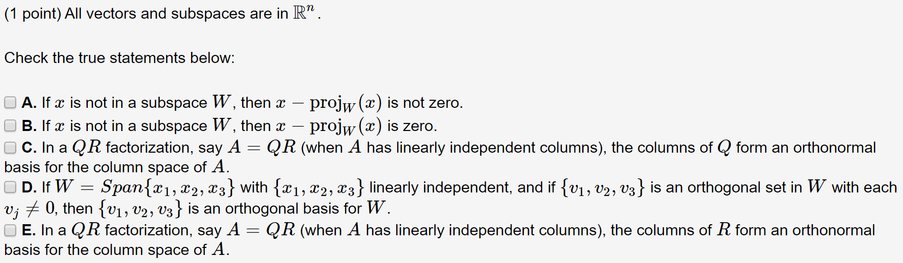 Solved (1 point) All vectors and subspaces are in R”. Check | Chegg.com