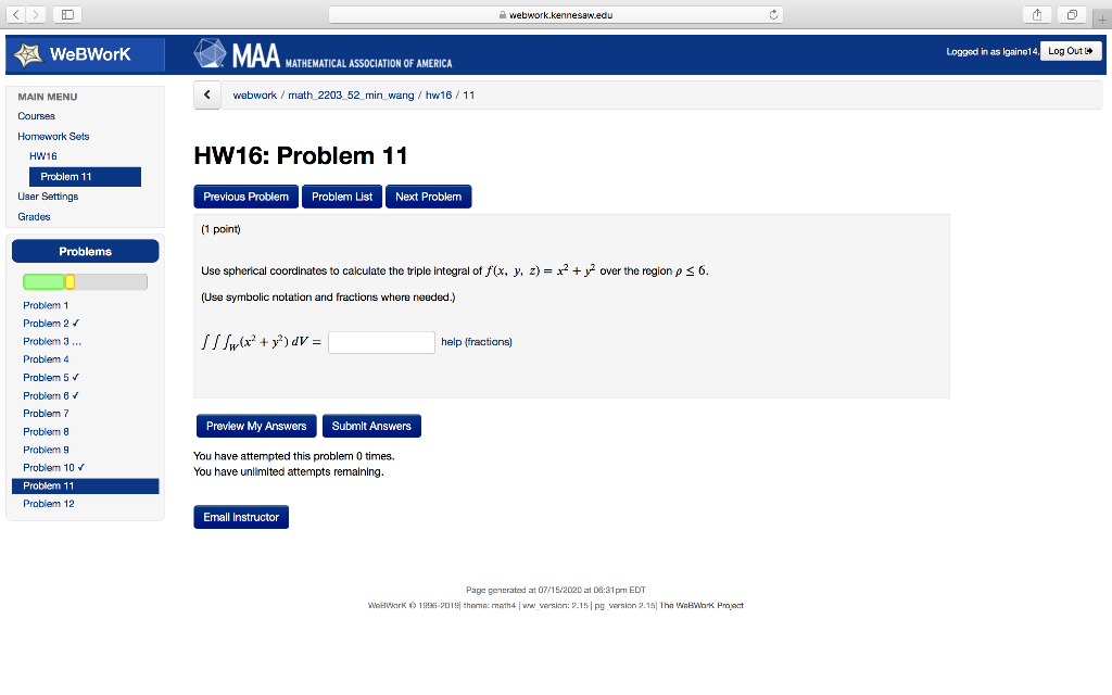 Solved HE webwork.kennesaw.edu WebWork МАА, Logged in as | Chegg.com Solved HE webwork.kennesaw.edu WebWork МАА, Logged in as | Chegg.com