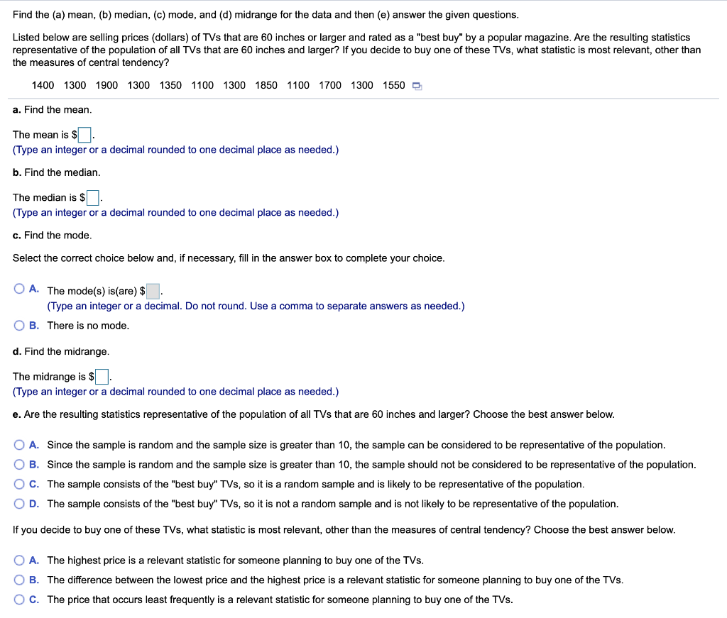 Solved Find the (a) mean, (b) median, (c) mode, and (d) | Chegg.com