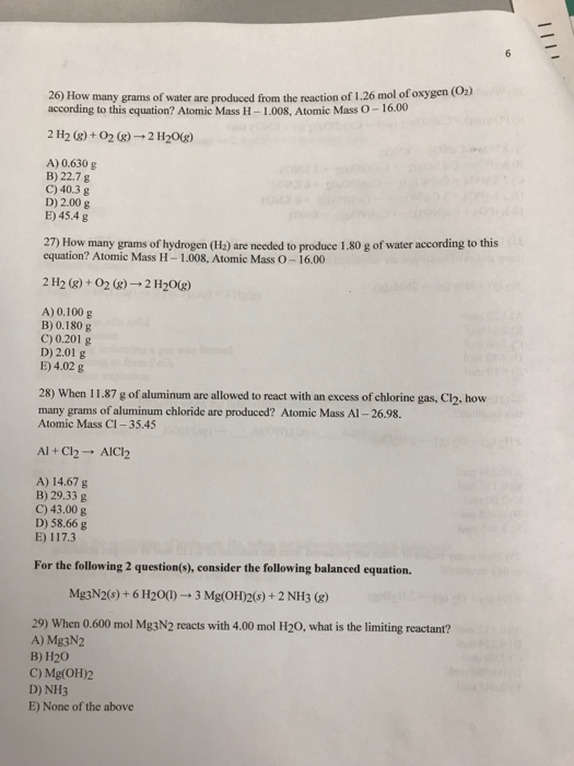 Solved 26) How many grams of water are produced from the | Chegg.com