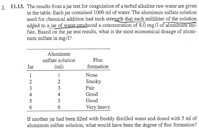Solved 2. 11.13. The results from a jar test for coagulation | Chegg.com