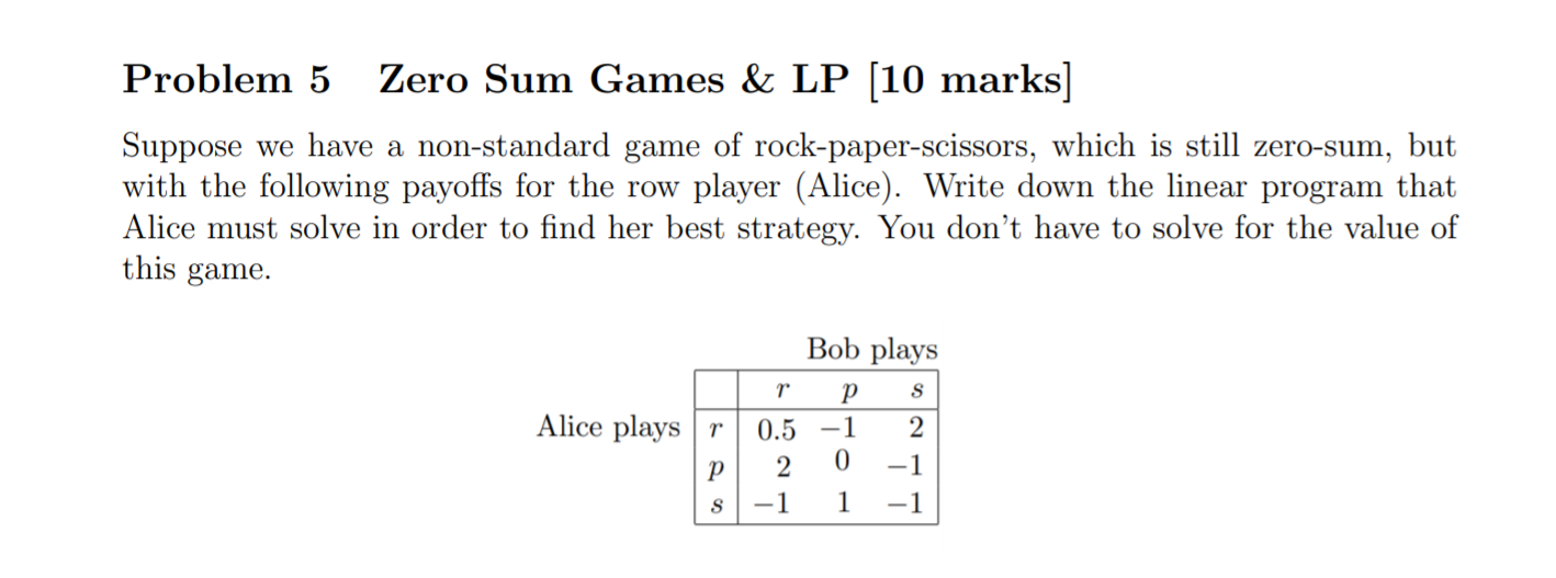 Problem 5 Zero Sum Games & LP (10 marks] Suppose we | Chegg.com