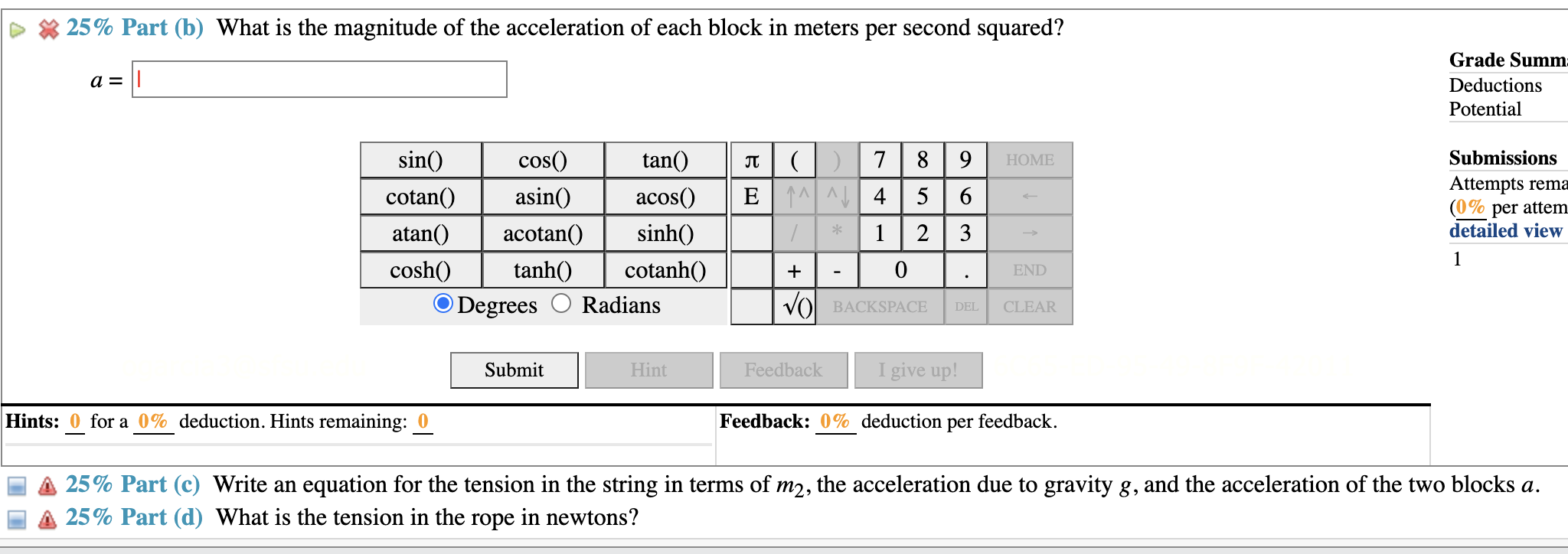 Solved 25% Part (c) Write an equation for the tension in the | Chegg.com