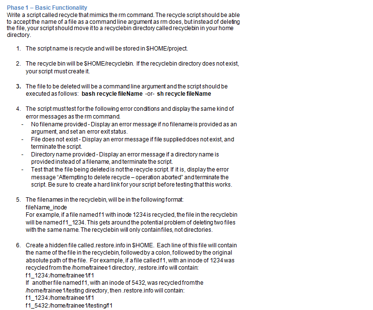 UNIX/RECYCLE BIN SCRIPT (HELP WITH PHASE 2).... | Chegg.com