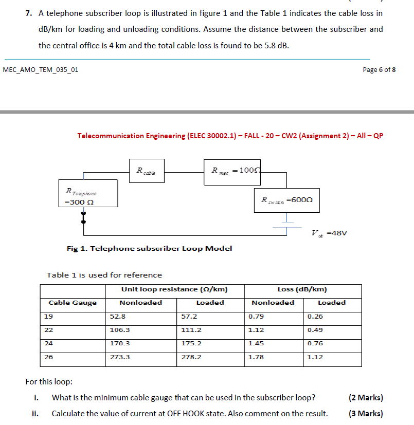 7. A telephone subscriber loop is illustrated in | Chegg.com