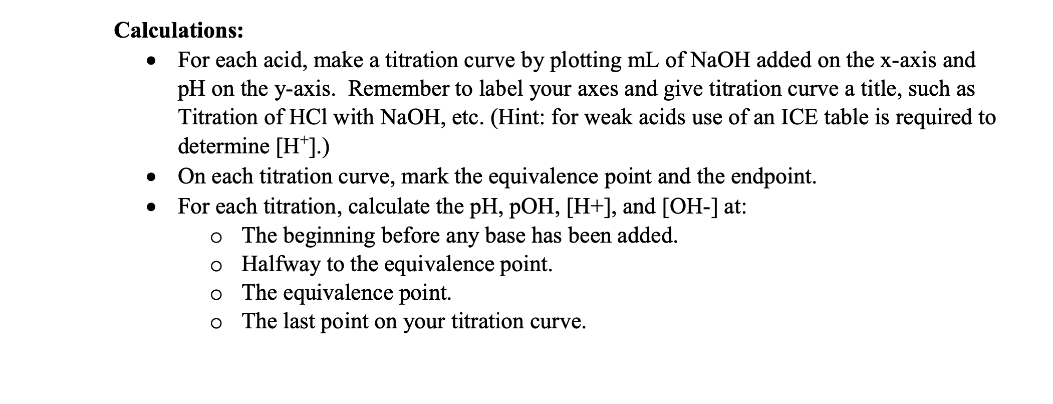 Calculations: - For each acid, make a titration curve | Chegg.com