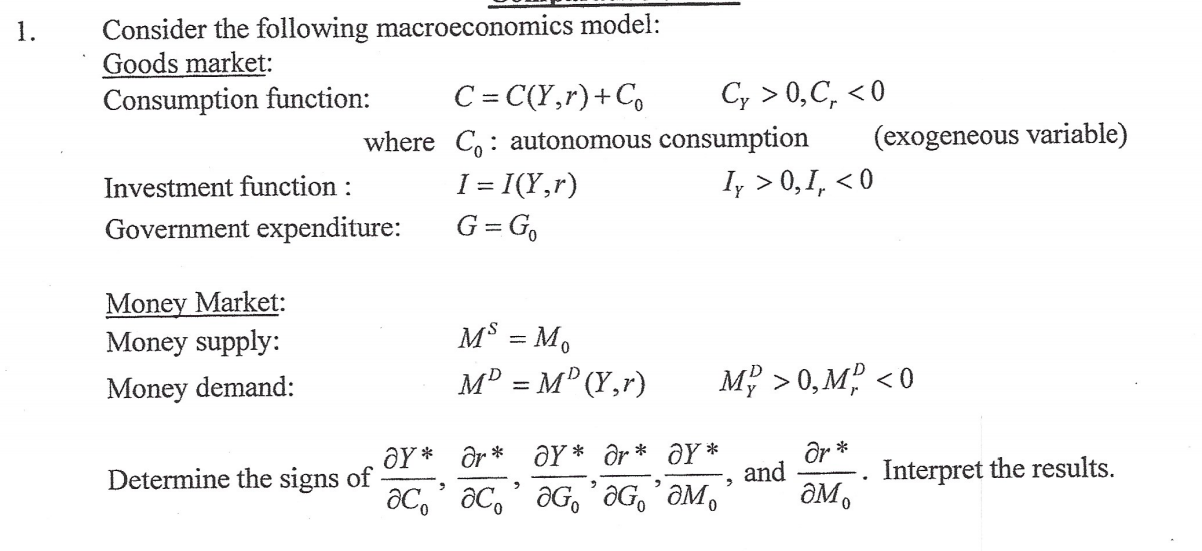 Solved 1. Consider the following macroeconomics model: Goods | Chegg.com