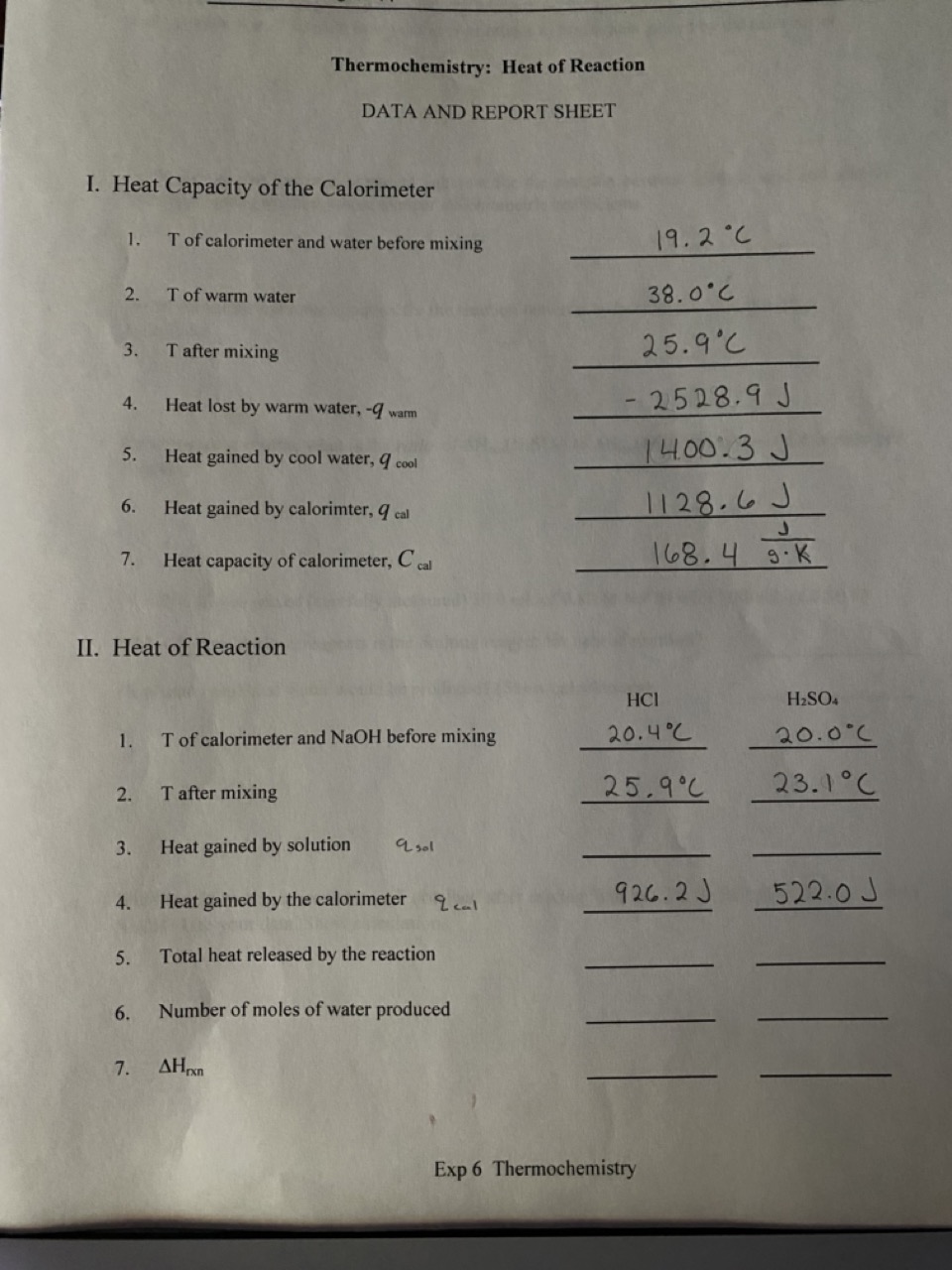 Thermochemistry: Heat of Reaction DATA AND REPORT | Chegg.com