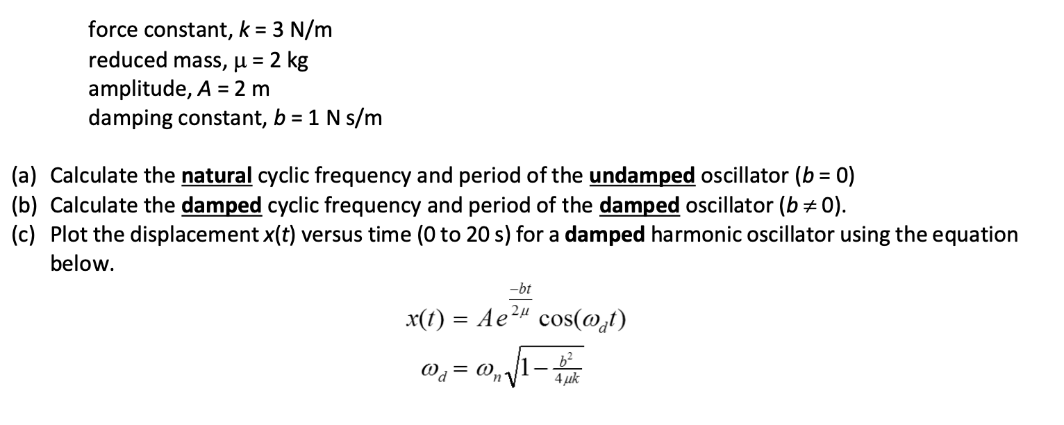 Solved force constant, k = 3 N/m reduced mass, u = 2 kg | Chegg.com