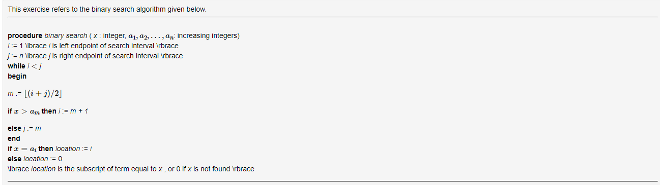 Solved procedure binary search ( x : integer, a1,a2,…,an : | Chegg.com