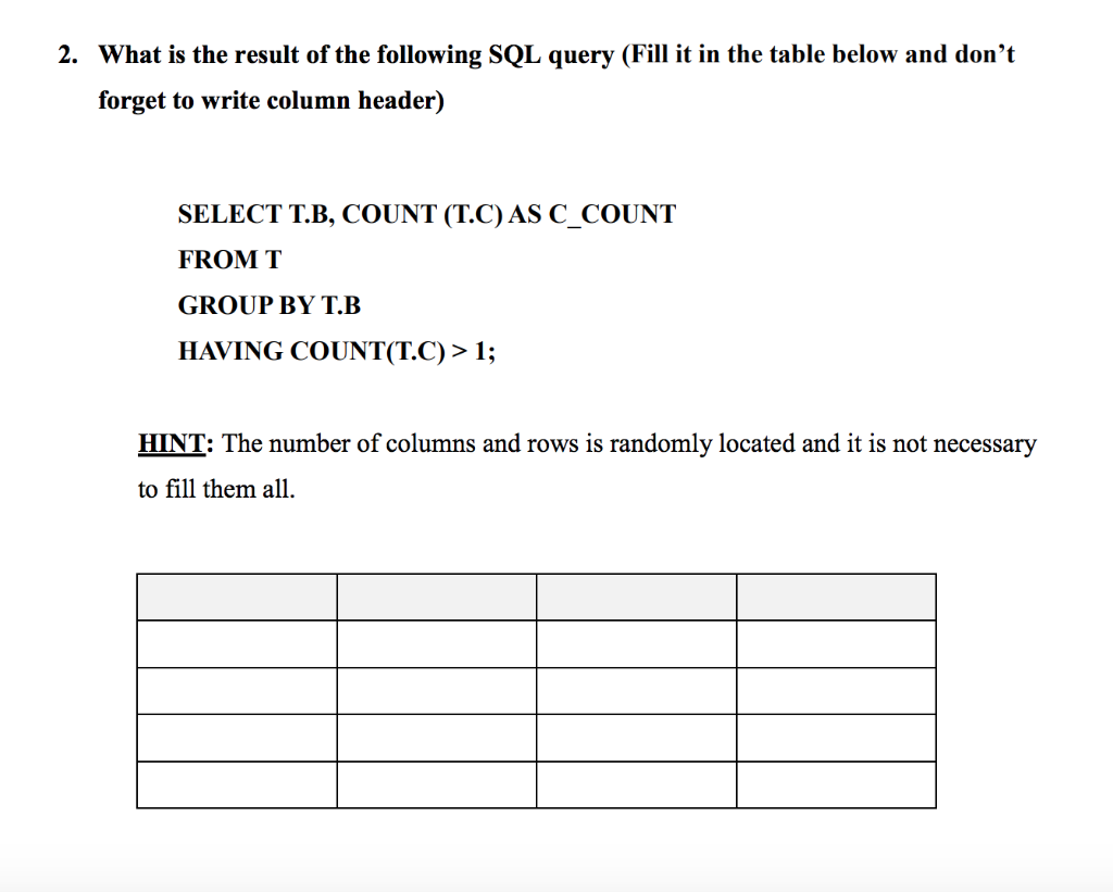 Solved 2. What is the result of the following SQL query | Chegg.com
