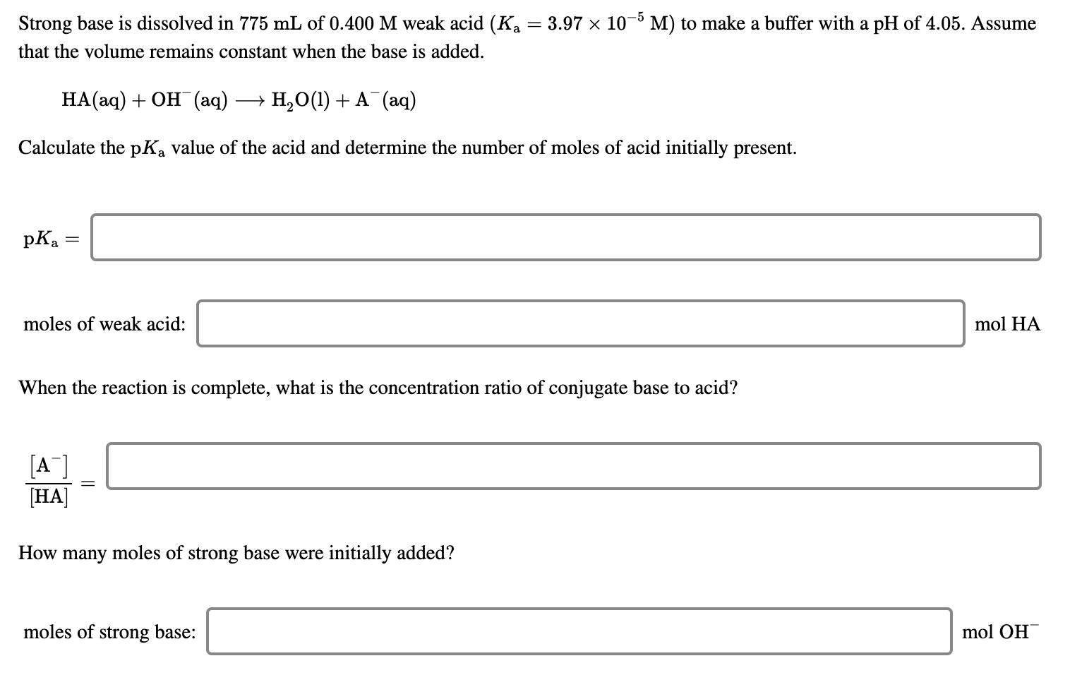 Solved Strong base is dissolved in 775 mL of 0.400 M weak | Chegg.com