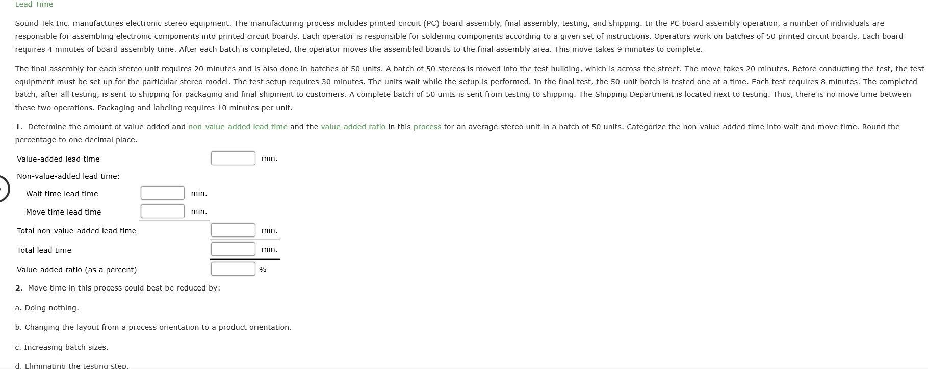 Solved Lead Time Sound Tek Inc. manufactures electronic | Chegg.com