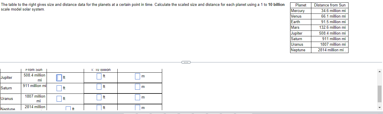 The table to the right gives size and distance data | Chegg.com