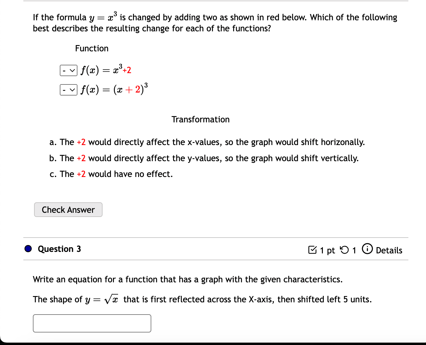 Solved If the formula y=x3 is changed by adding two as shown | Chegg.com