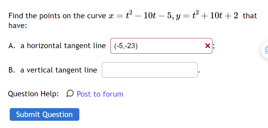 Solved Find the points on the curve x=t2−10t−5,y=t2+10t+2 | Chegg.com