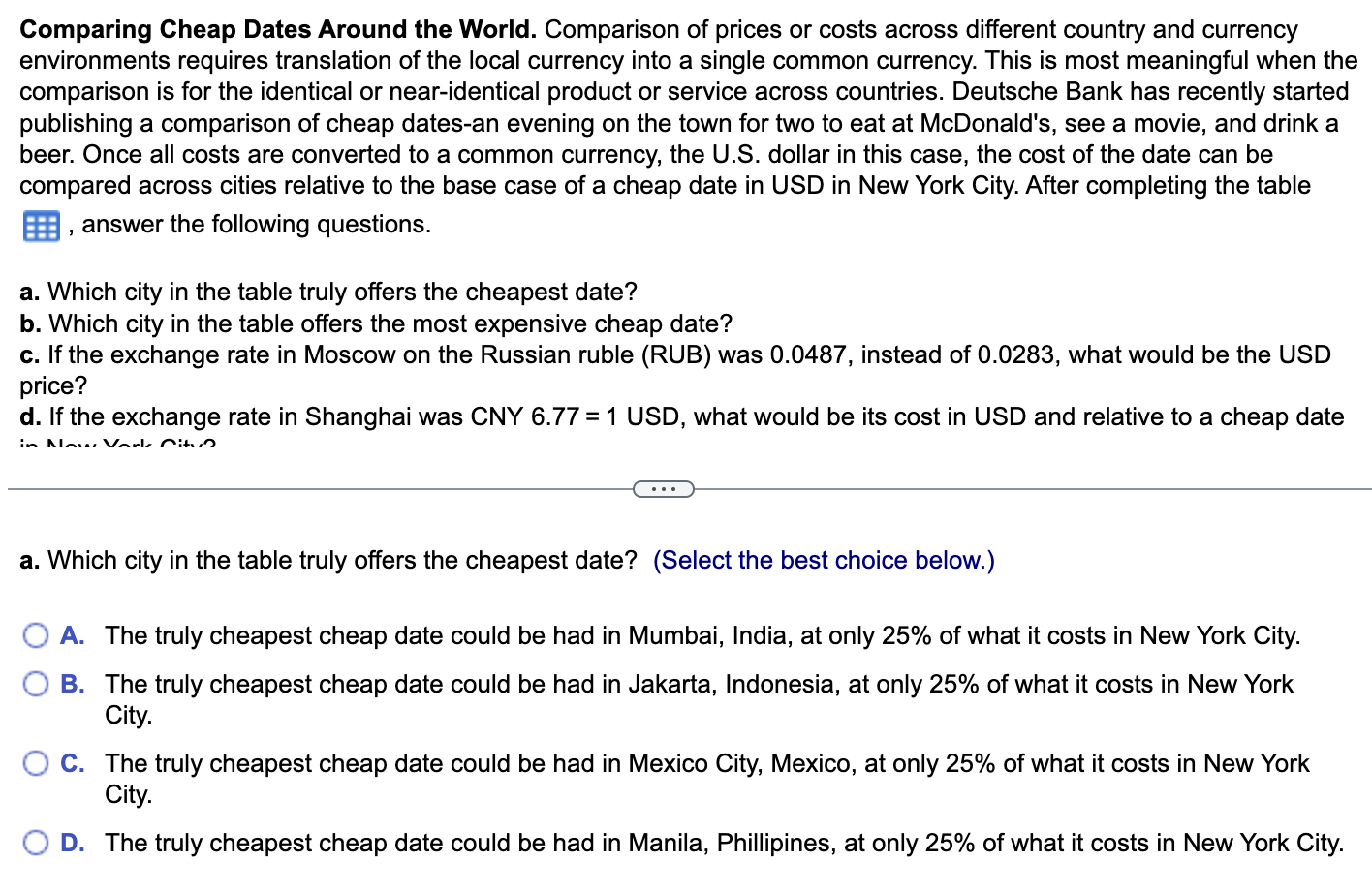 Solved Comparing Cheap Dates Around the World. Comparison of | Chegg.com