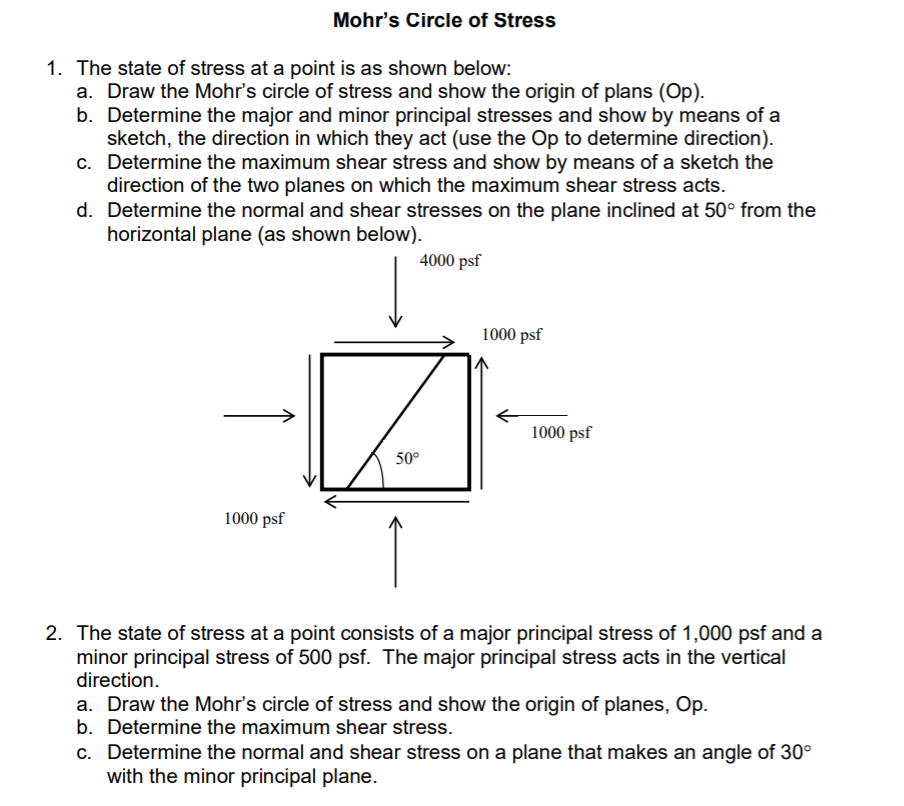 Solved Mohr's Circle of Stress 1. The state of stress at a | Chegg.com