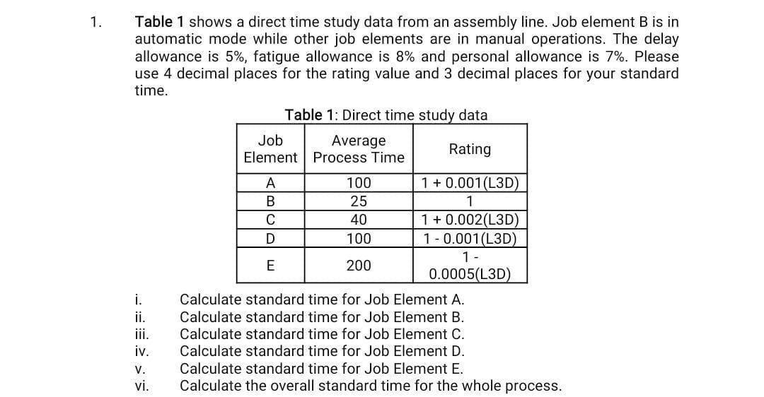 Solved 1. Table 1 shows a direct time study data from an | Chegg.com