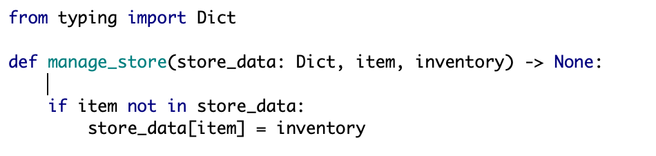 Solved from typing import Dict def manage_store(store_data: | Chegg.com