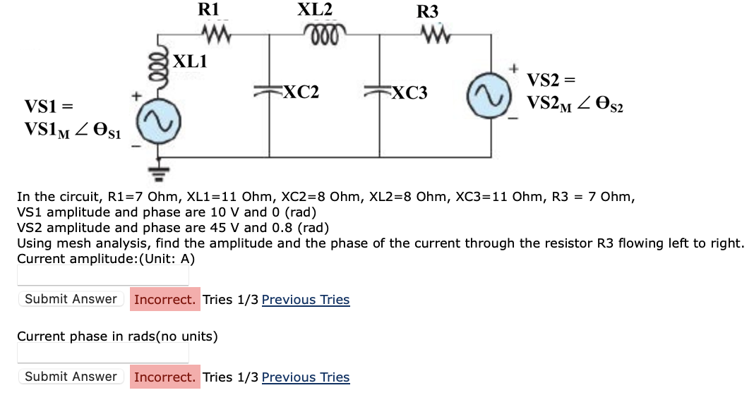 Solved In the circuit, R1=7 ﻿Ohm, XL1=11 ﻿Ohm, XC2=8 ﻿Ohm, | Chegg.com