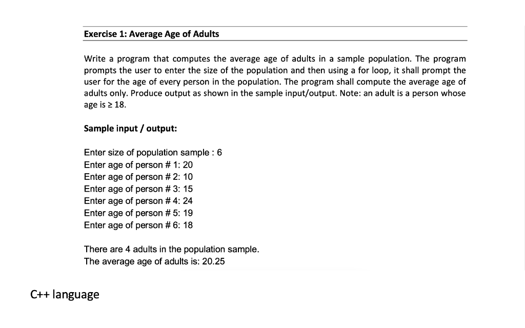 Solved Exercise 1: Average Age of Adults Write a program | Chegg.com