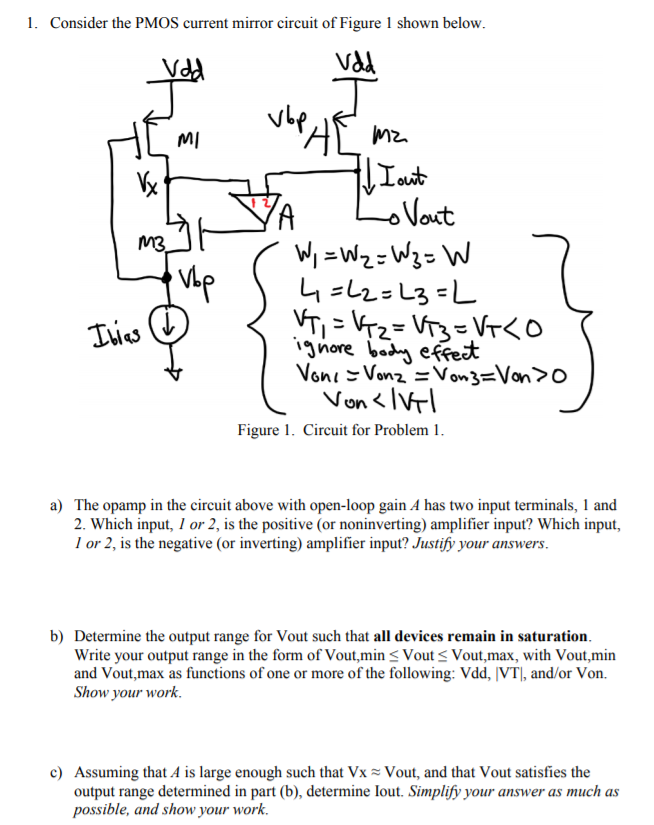 Solved 1. Consider the PMOS current mirror circuit of Figure | Chegg.com