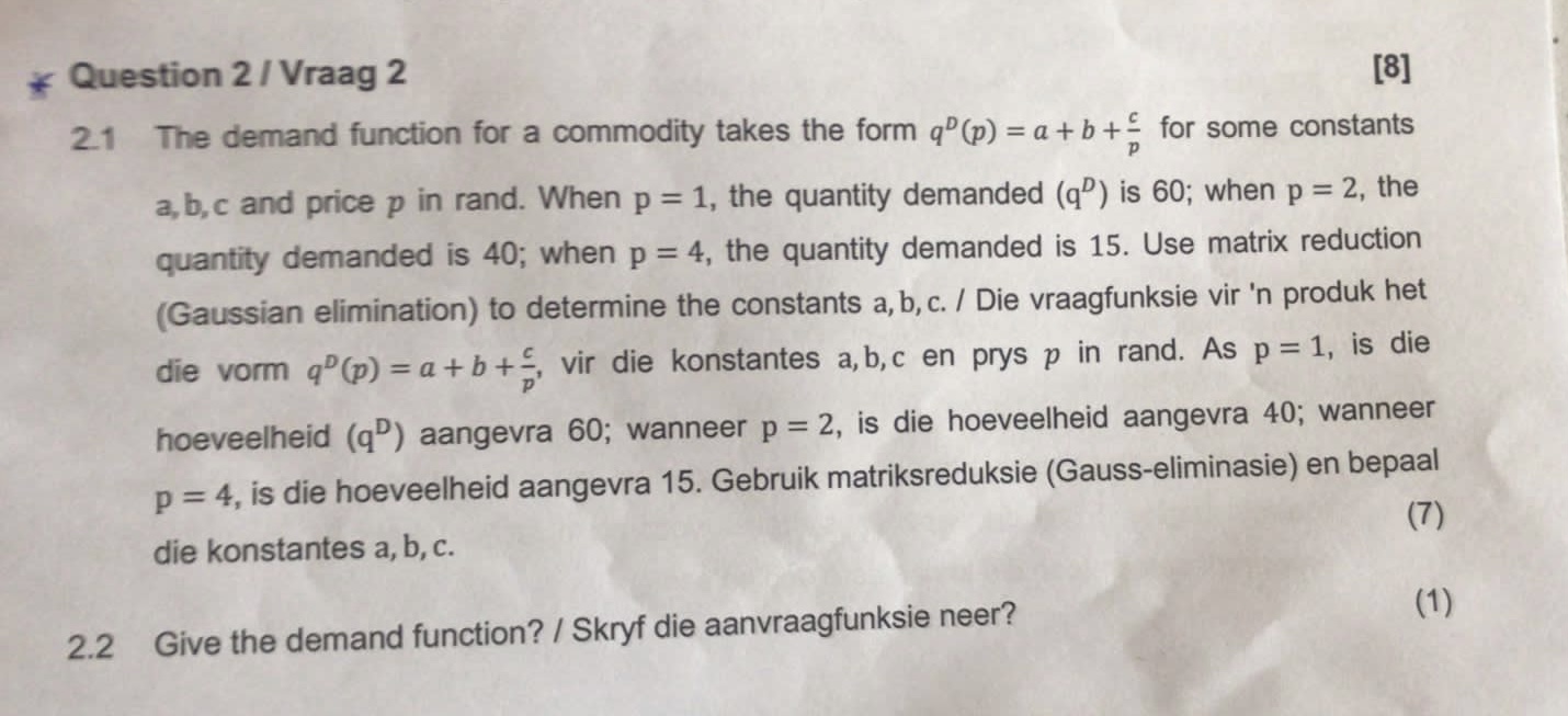 Solved Question 2/Vraag 2 2.1 The demand function for a | Chegg.com