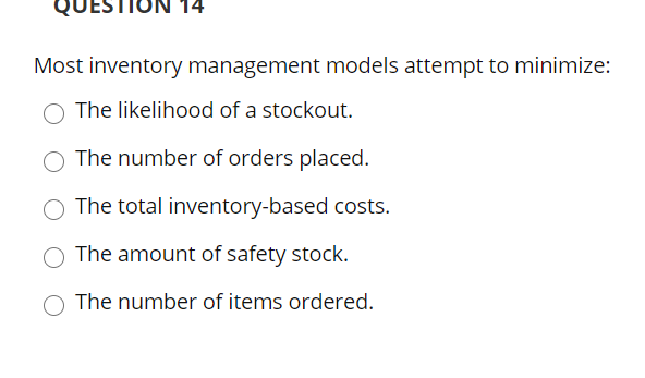 Solved Most inventory management models attempt to minimize: | Chegg.com