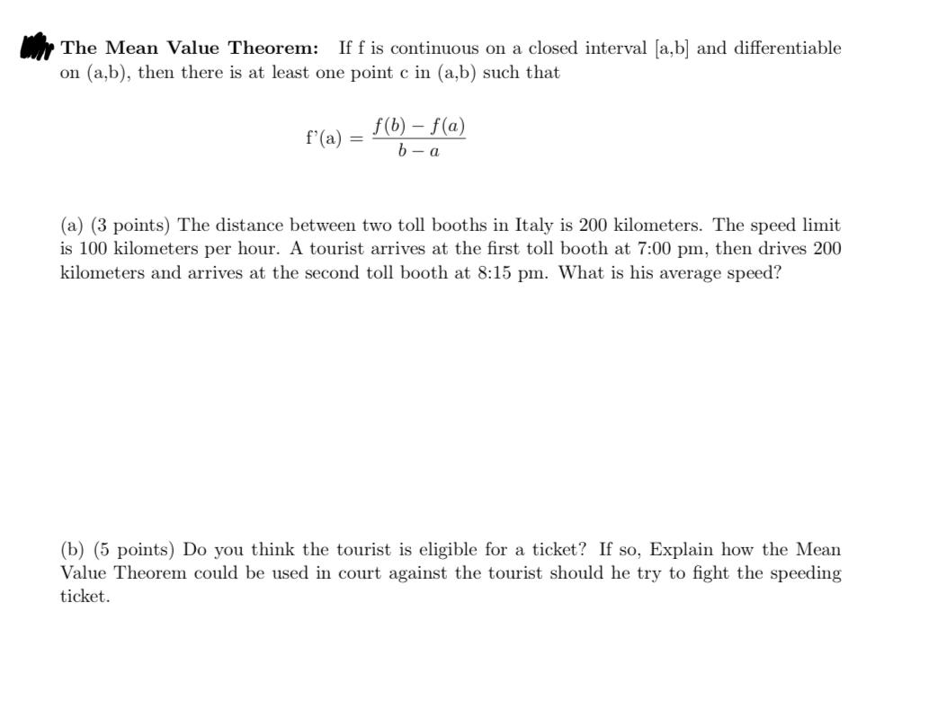 Solved The Mean Value Theorem: If f is continuous on a | Chegg.com