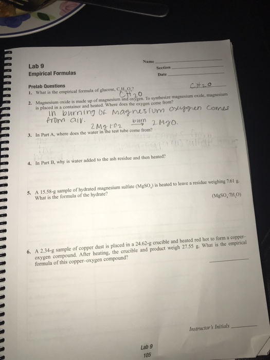 Solved Lab 9 Empirical Formulas Section Date Prelab | Chegg.com