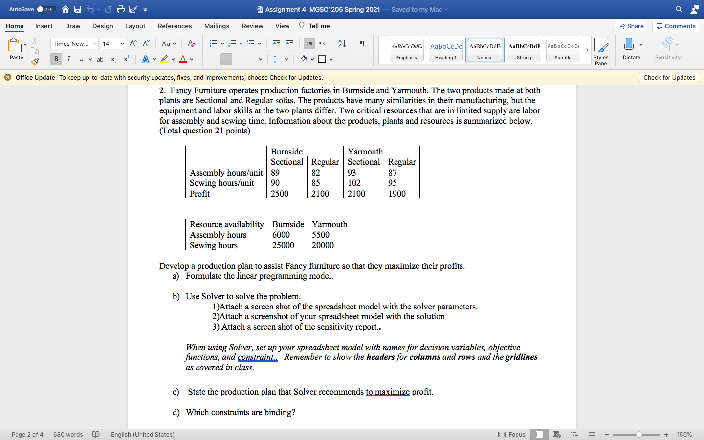 Solved AutoSave OFF 合同 w Assignment 4 MGSC1205 Spring 2021 - | Chegg.com