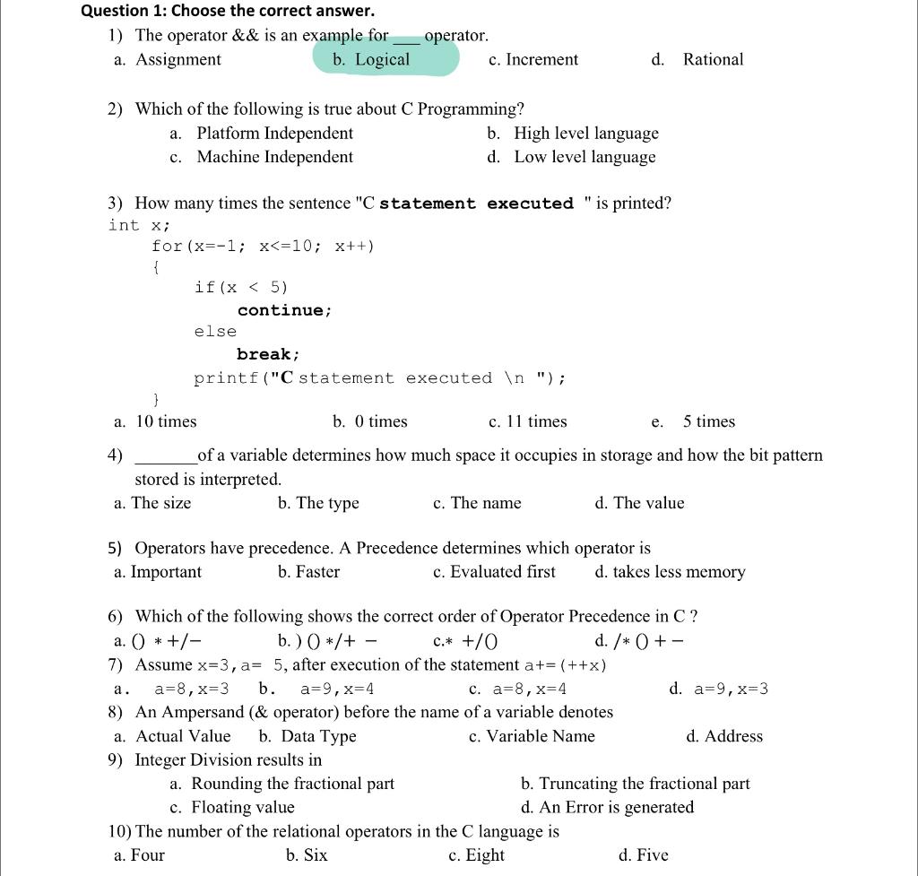 Solved Question 1: Choose the correct answer. operator. 1) | Chegg.com