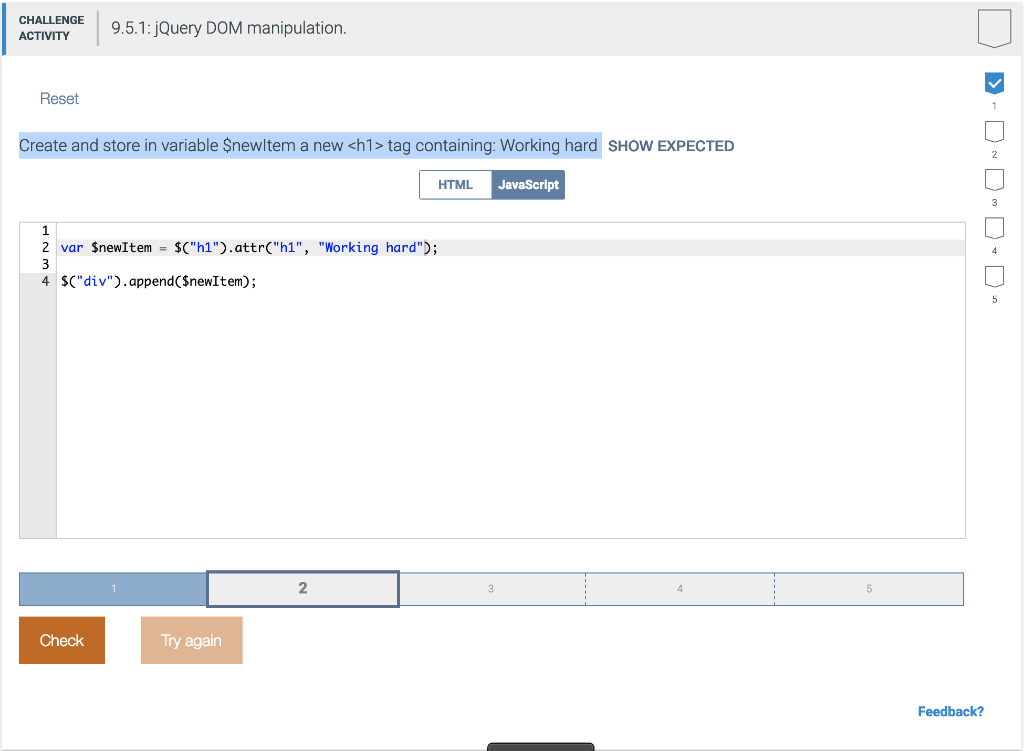 Solved ACIVIT9.5.1: jQuery DOM manipulation CHALLENGE Reset | Chegg.com