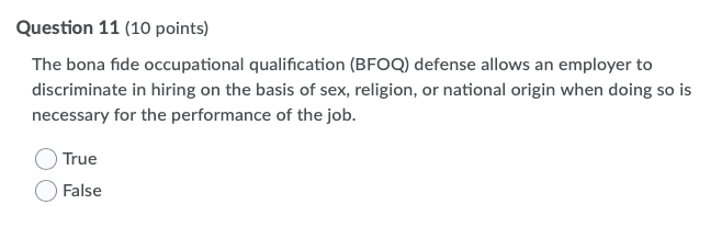 Solved Question 11 (10 points) The bona fide occupational | Chegg.com