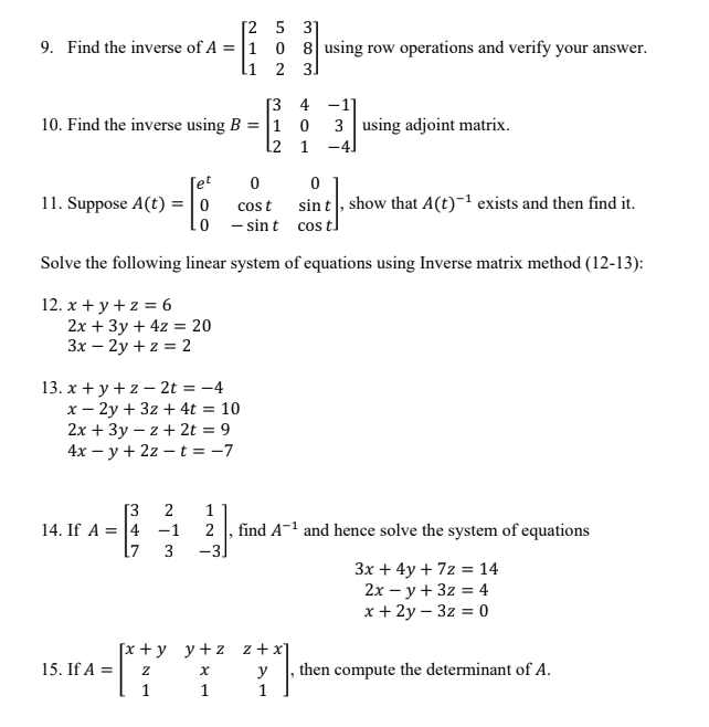 Solved 12 5 3 9. Find the inverse of A = 1 0 8 using row | Chegg.com